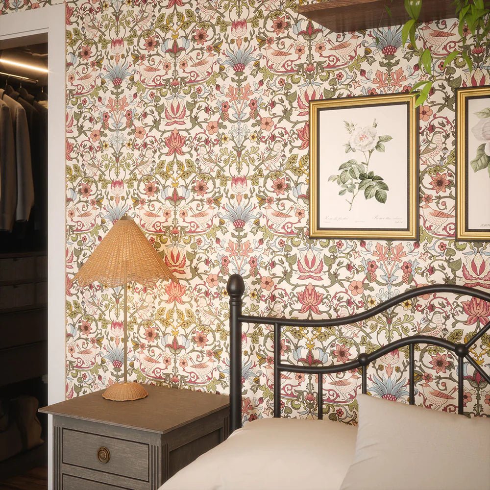 Lucie Annabel Garden Visitors Wallpaper in Raspberry, Mineral and Olive ...