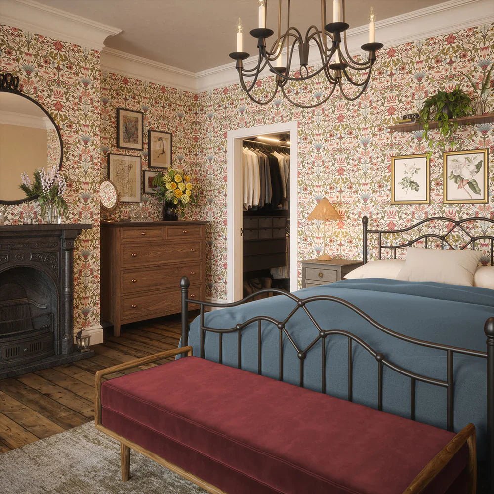 Lucie Annabel Garden Visitors Wallpaper in Raspberry, Mineral and Olive ...