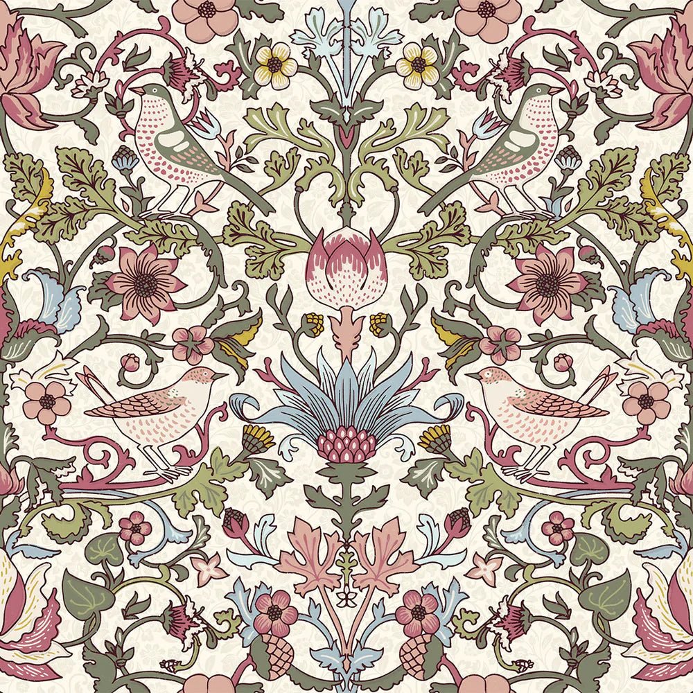 Lucie Annabel Garden Visitors Wallpaper in Raspberry, Mineral and Olive ...