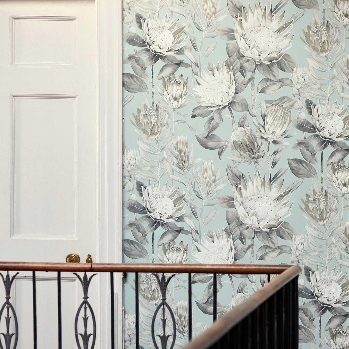 King Protea Wallpaper in Aqua/Linen - DGLW216645 – Morris Wallpaper