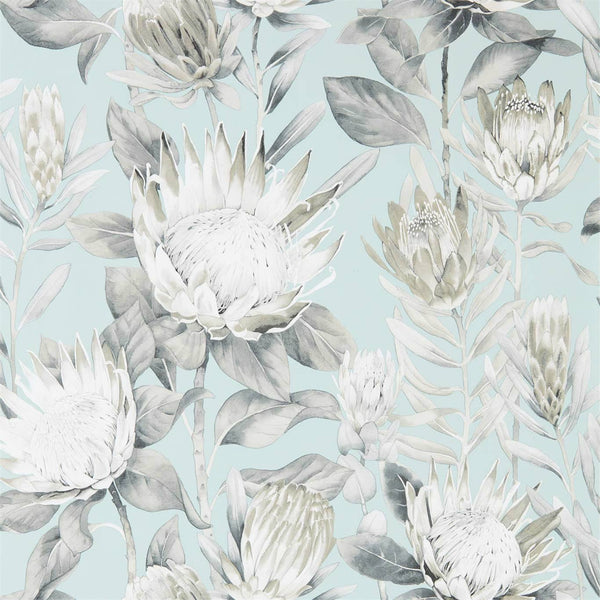 King Protea Wallpaper in Aqua/Linen - DGLW216645 – Morris Wallpaper